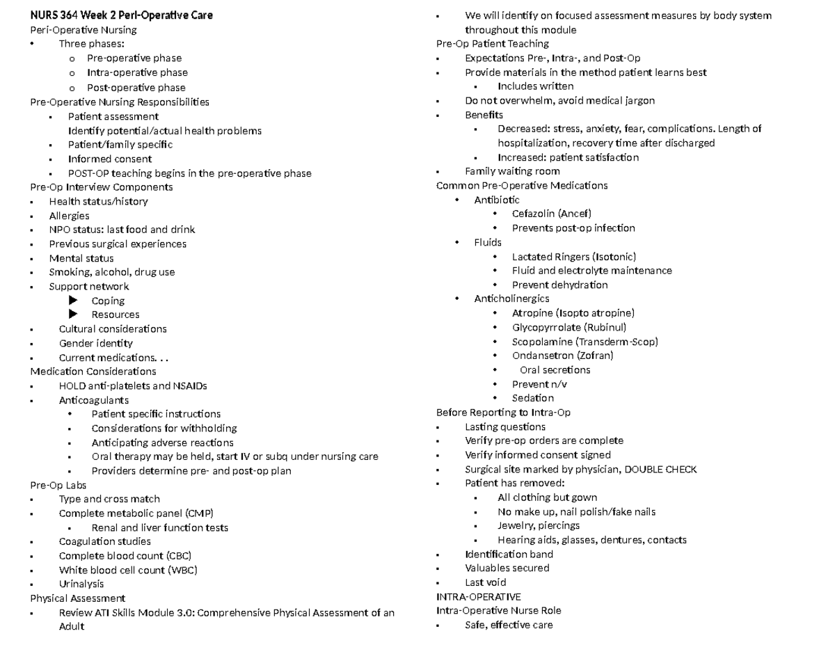 NURS 364 Week 2 Peri-Operative Nursing Care Guidelines - Studocu