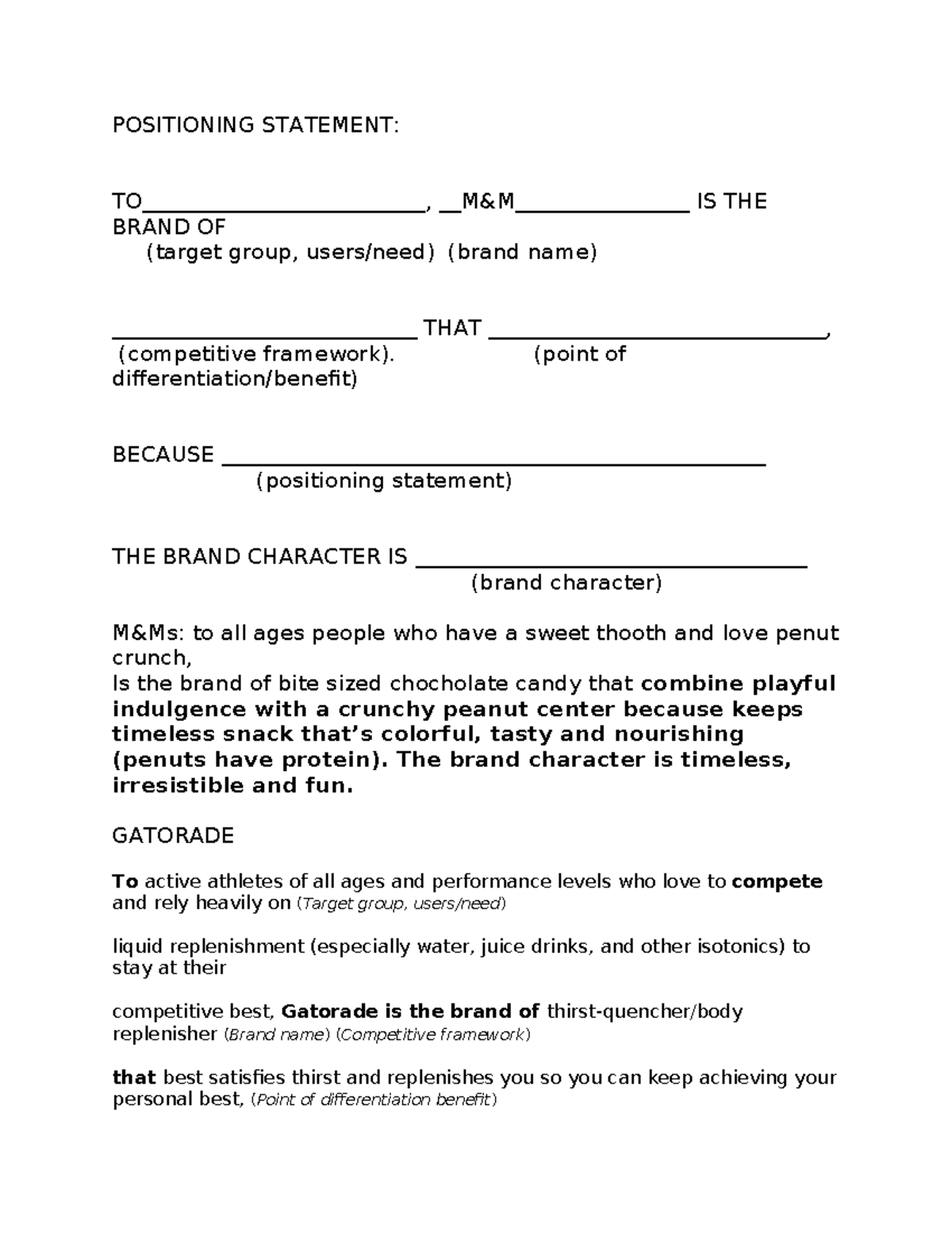 Positioning Statement Format for Campaign 1: GATORADE Analysis - Studocu