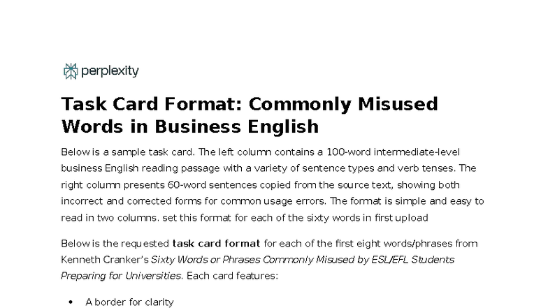 Task Card Format: Commonly Misused Words in Business English - Studocu