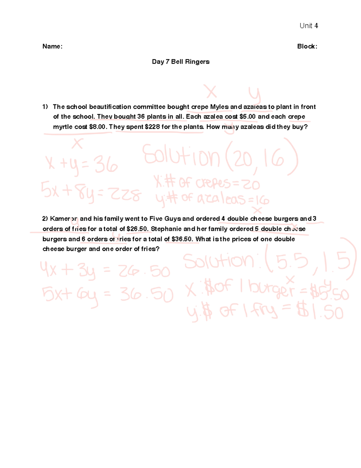 Bell+Ringer+4 - Idk - Unit 4 Name: Block: Day 7 Bell Ringers 1) The ...