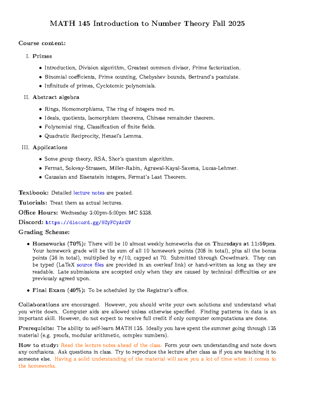 MATH 145 Fall 2025 Course Outline: Intro to Number Theory - Studocu