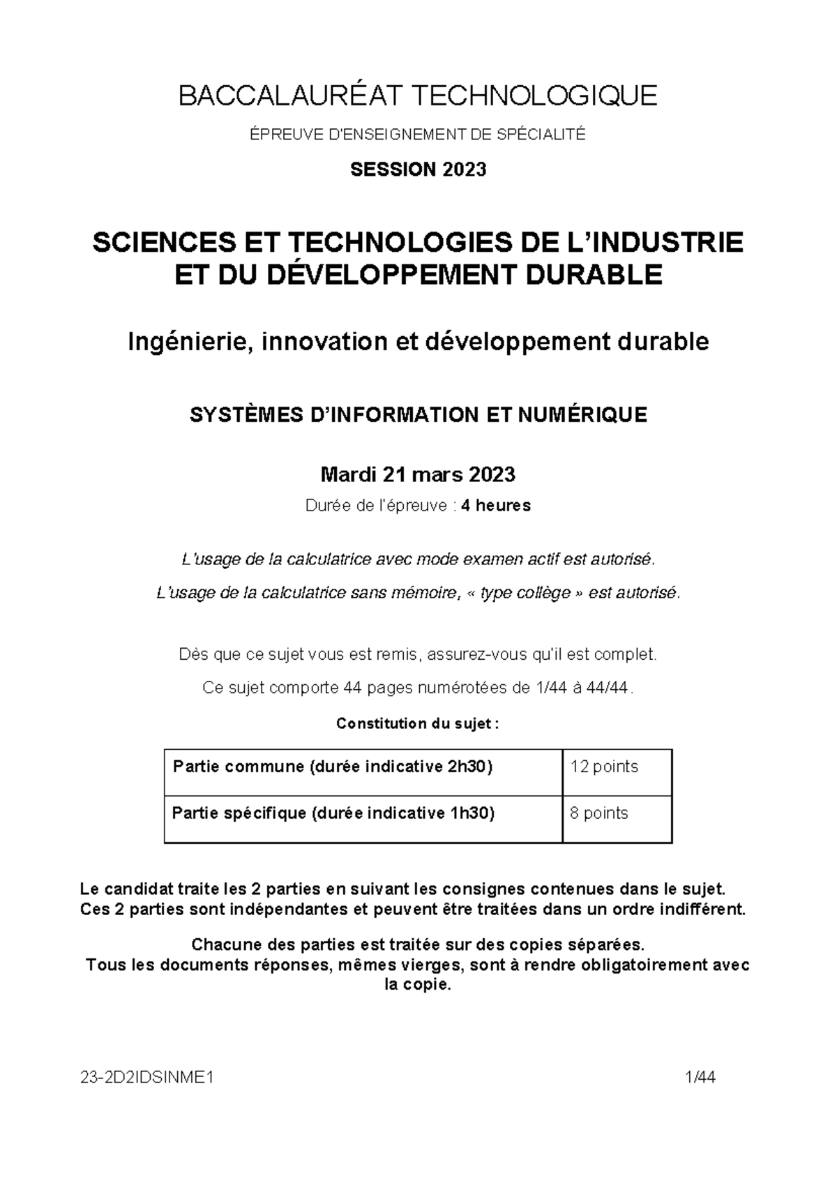 Épreuve de Spécialité STI2D 2I2D SIN - Baccalauréat 2023 - Studocu