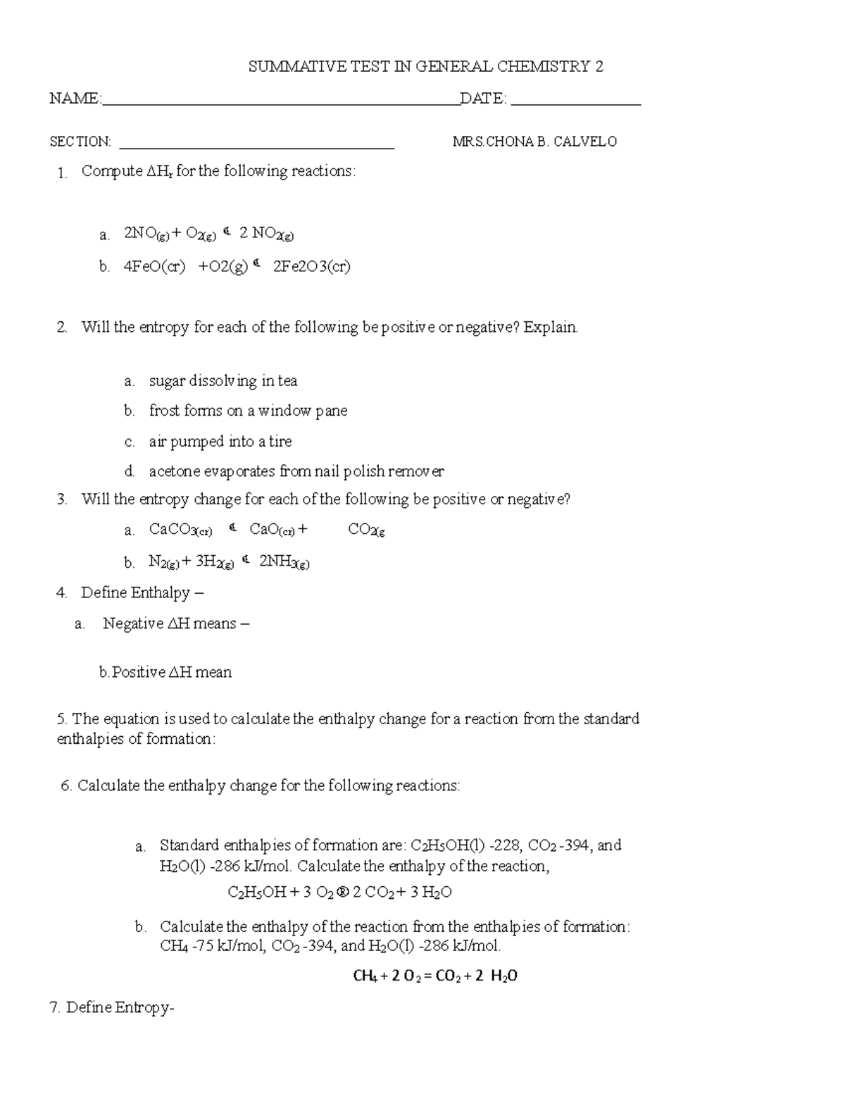 Worksheet enthalphy, entropy gibss free - SUMMATIVE TEST IN GENERAL ...