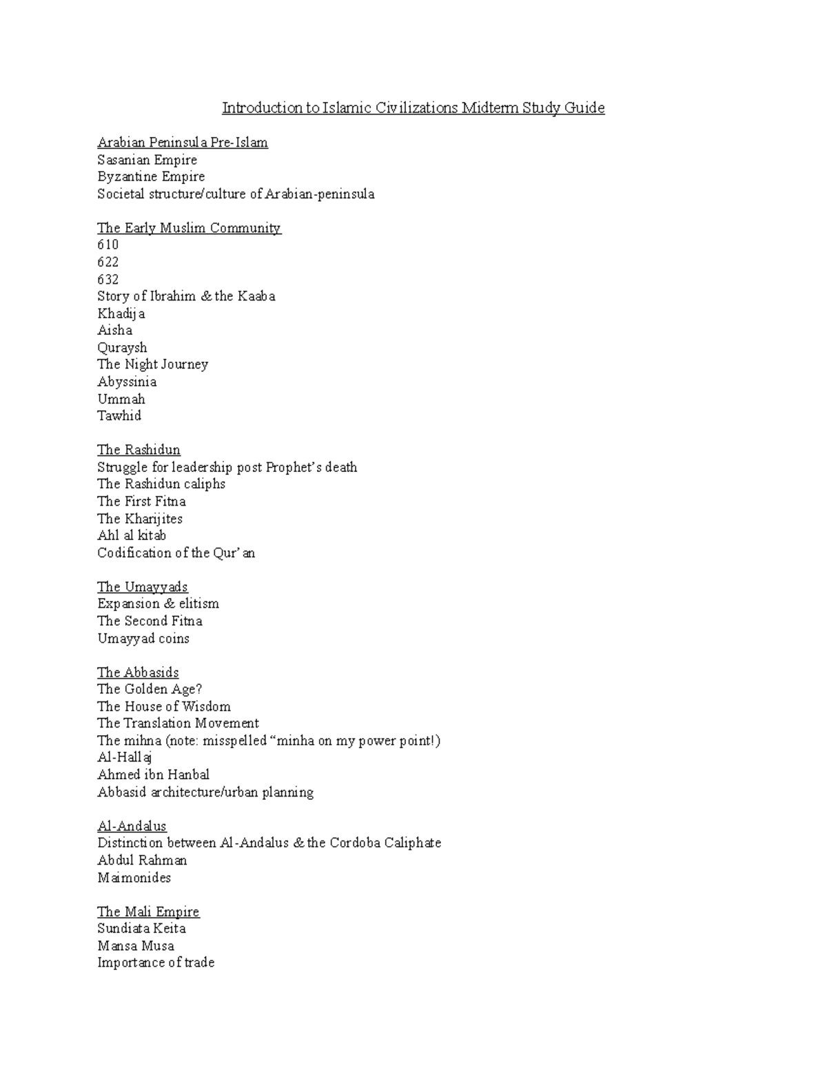 Islamic Civilizations: Midterm Study Guide on Key Topics - Studocu