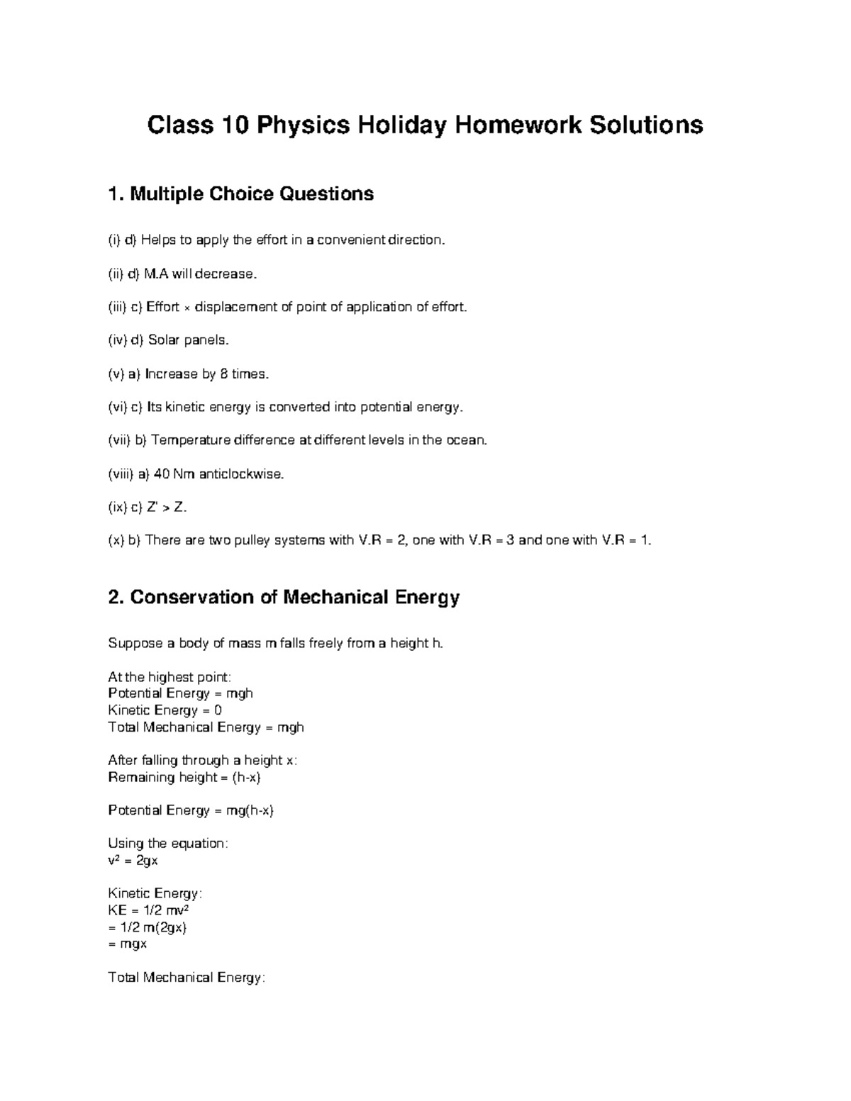 Class 10 Physics Holiday Homework Solutions: MCQs & Concepts - Studocu