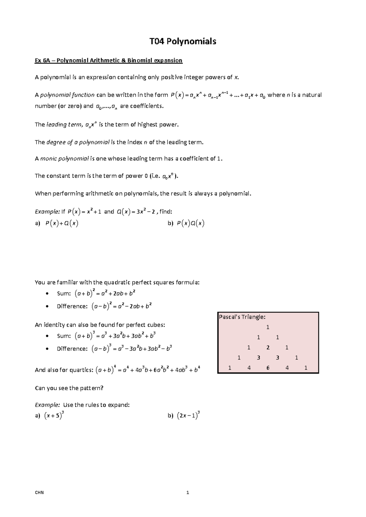 T04 Polynomials Ex 6A: Polynomial Arithmetic & Binomial Expansion - Studocu