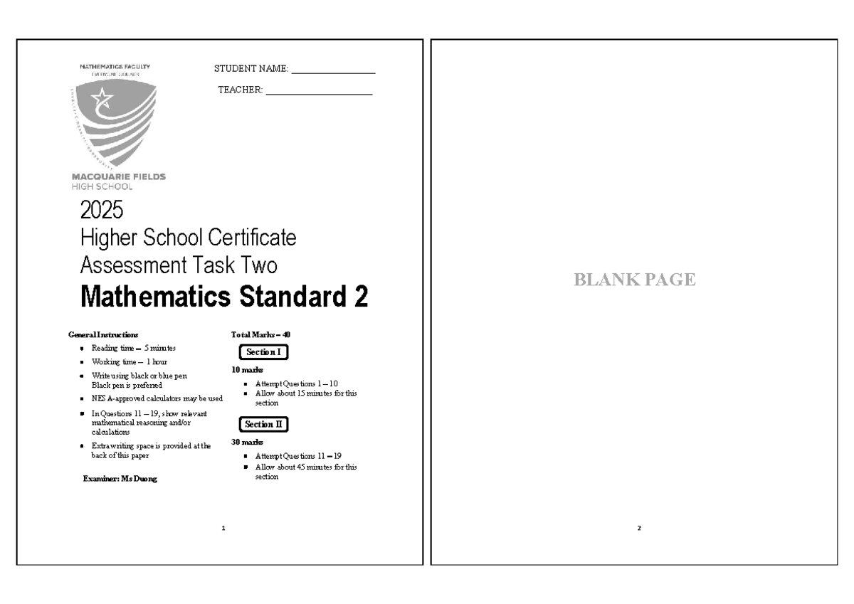 2025 HSC Assessment Task 2: Mathematics Standard 2 Guide - Studocu