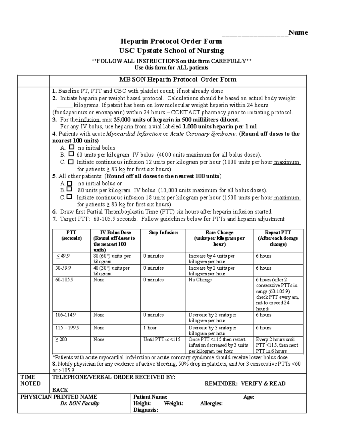 Heparin Protocol Order Form - USC Upstate Nursing Guidelines - Studocu