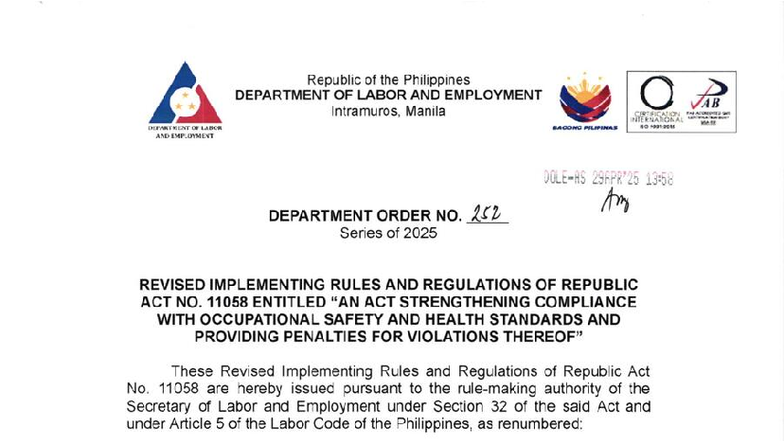 Revised Implementing Rules of RA 11058: Occupational Safety & Health Standards - Studocu