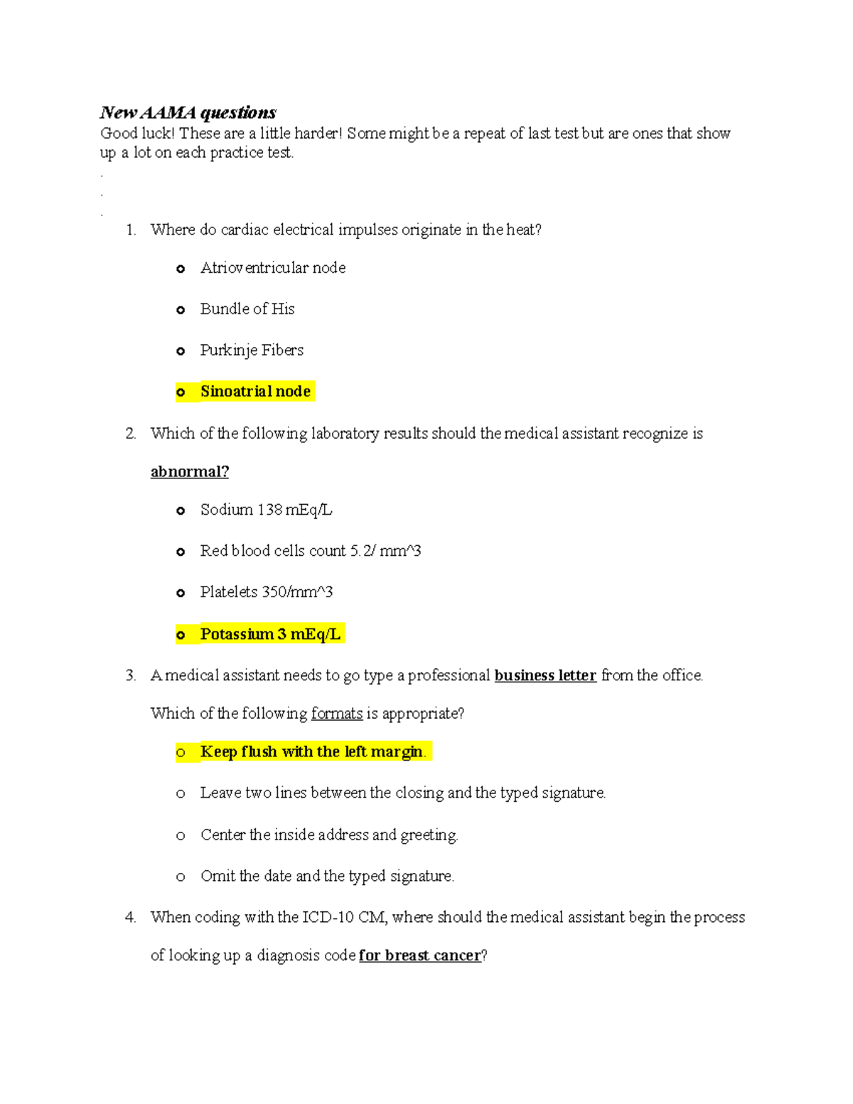 New AAMA Study Questions for CCMA Mixed Quarters Review - Studocu