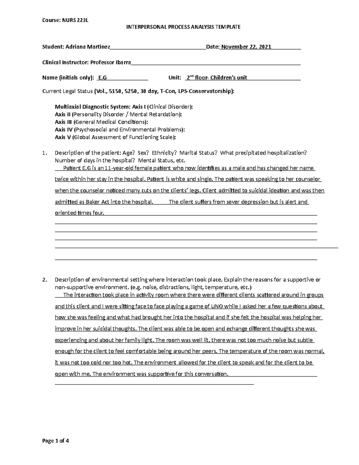 NURS 223L - Interpersonal Process Analysis - INTERPERSONAL PROCESS ...