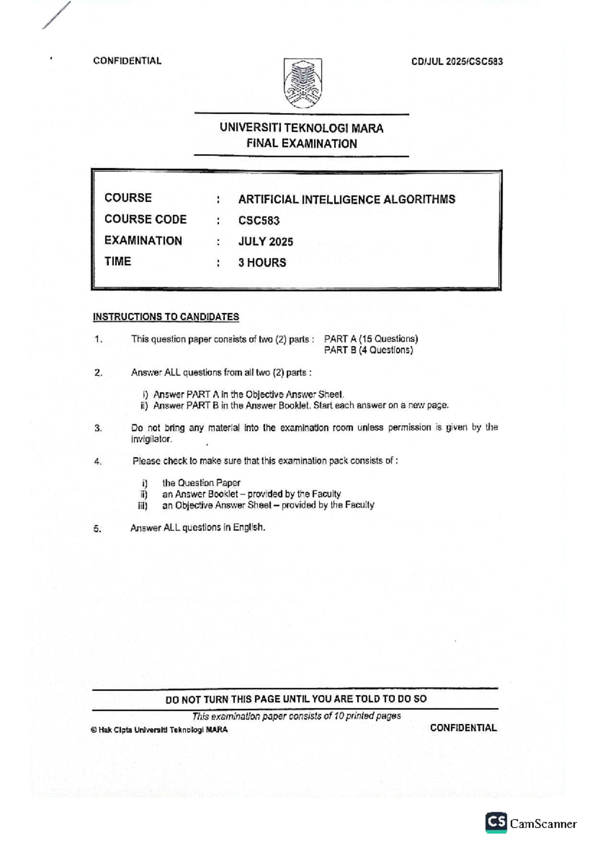 CSC583 Final Exam: Artificial Intelligence Algorithms - July 2025 - Studocu