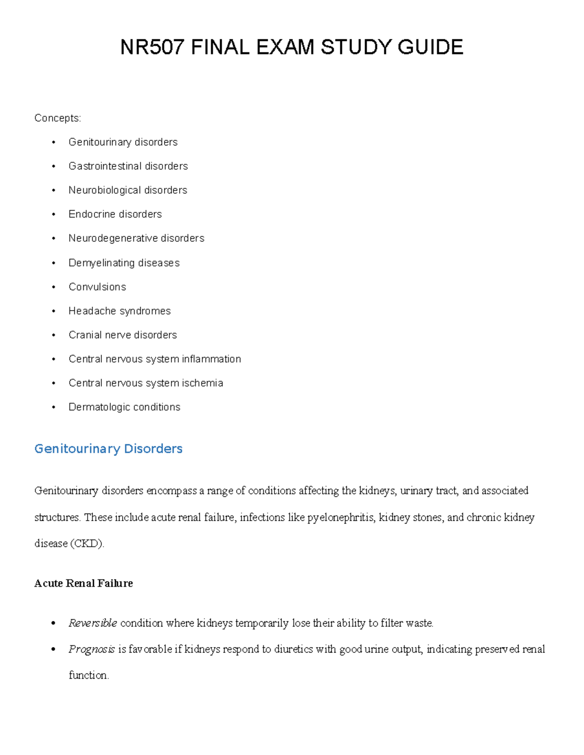 NR507 FINAL EXAM STUDY GUIDE: Key Concepts in Medical Disorders - Studocu