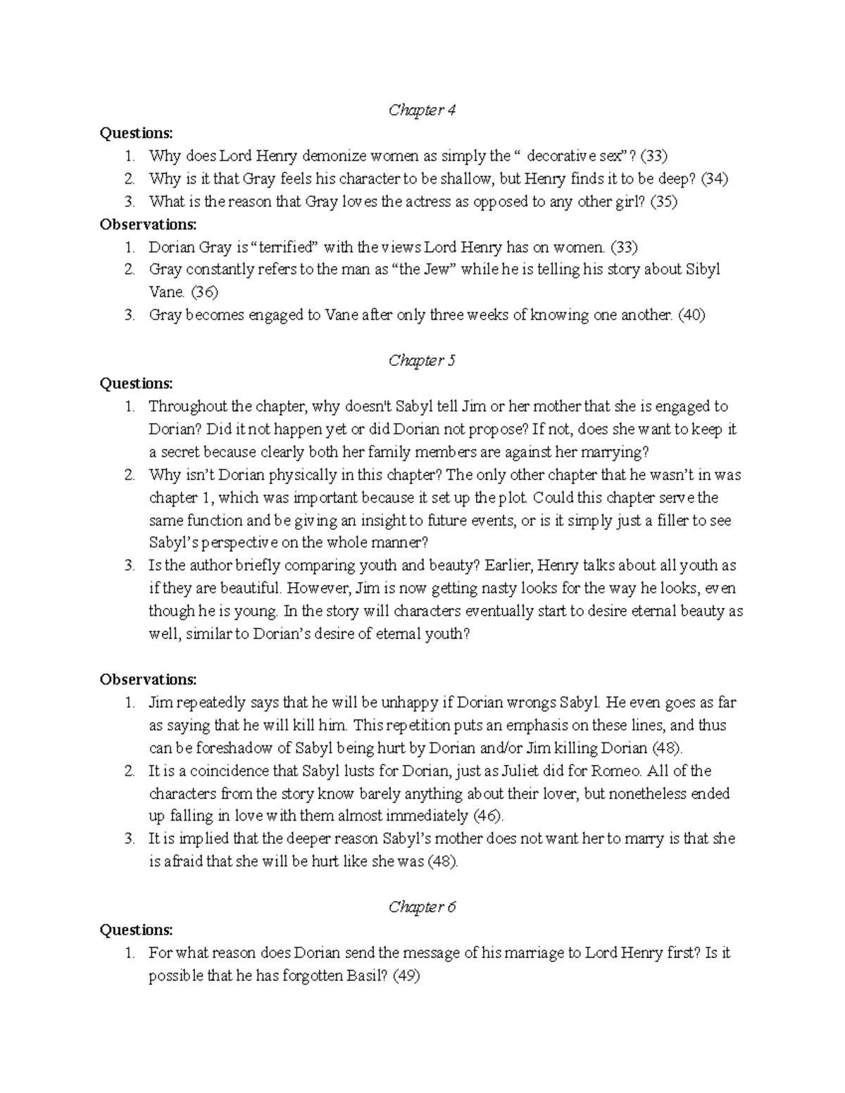 Dorian Gray Study Notes: Chapters 4-10 Analysis & Observations - Studocu