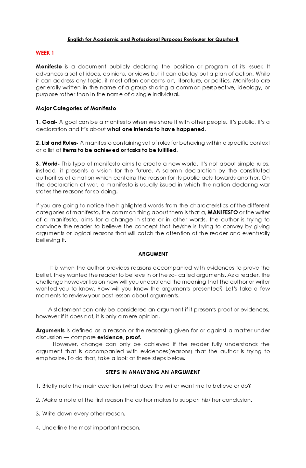 EAPP Reviewer Q2: Understanding Manifestos and Arguments - Studocu