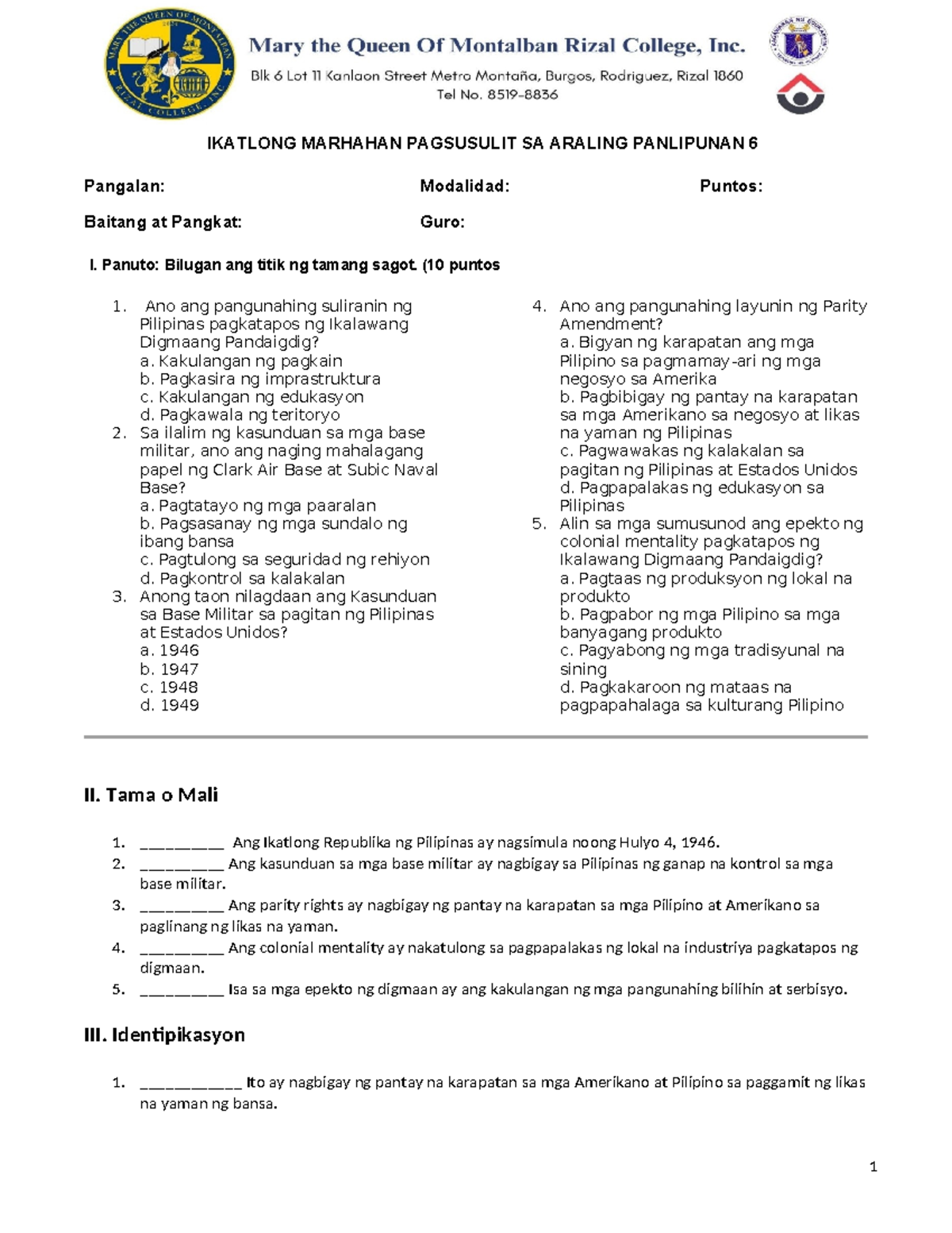 Grade 6 AP - Ikatlong Marhahang Pagsusulit sa Araling Panlipunan - Studocu