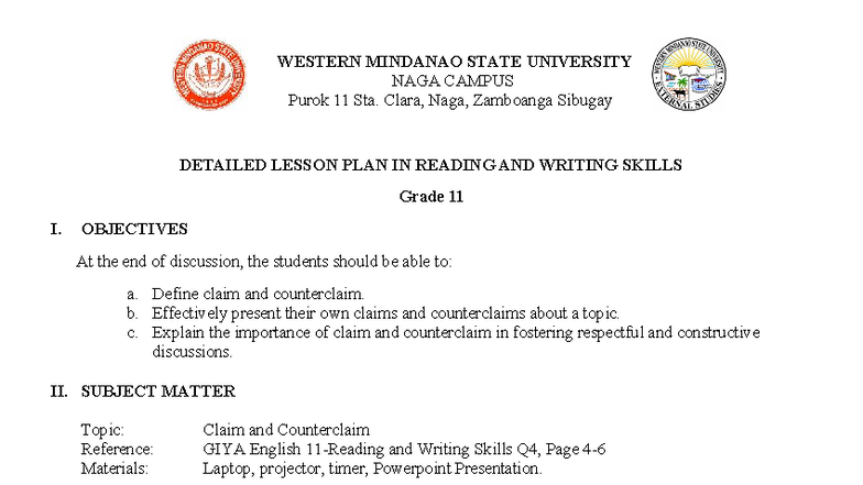 AAA DLP DAY 3: Detailed Lesson Plan on Claim and Counterclaim - Studocu