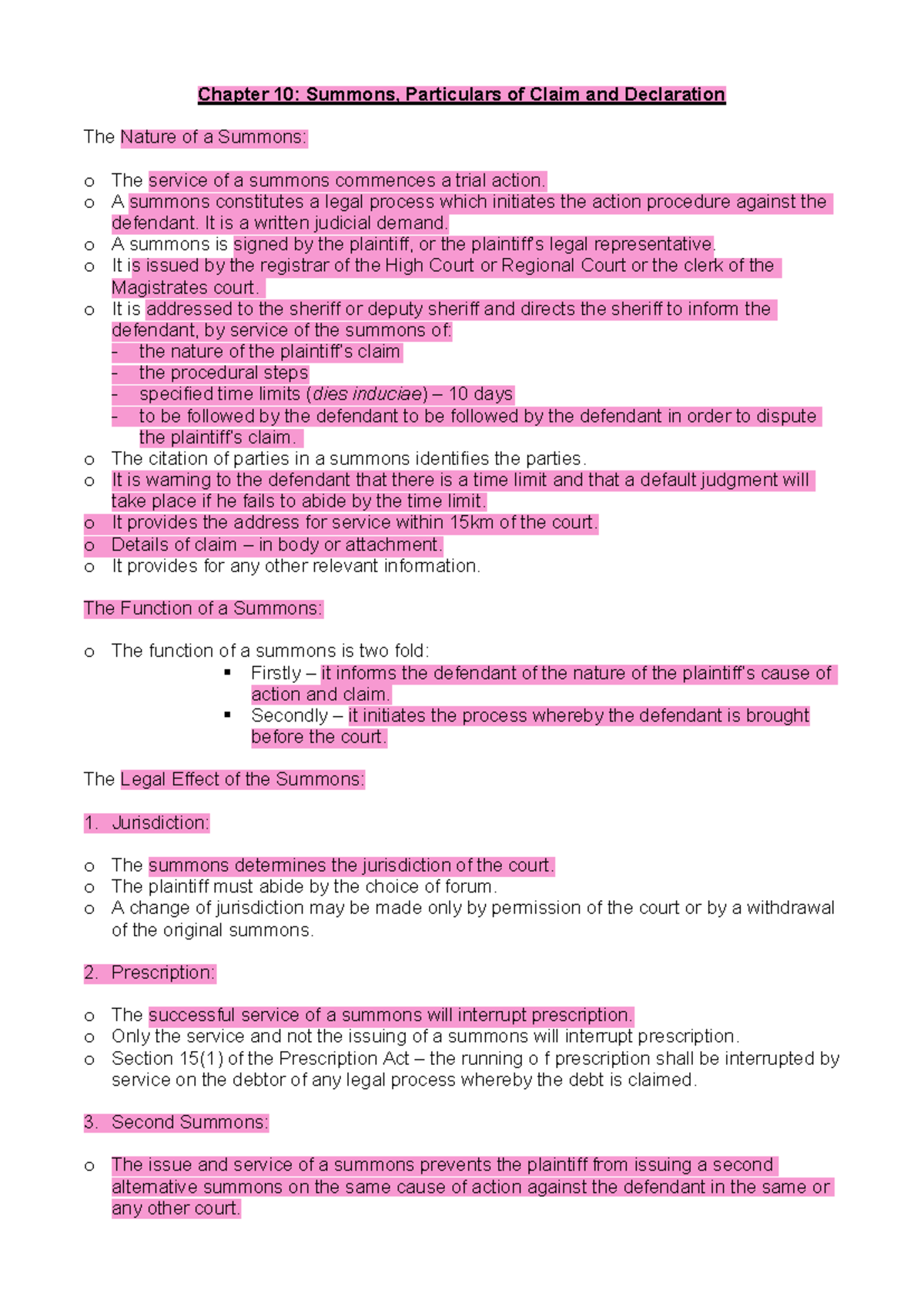 Chapter 10: Summons, Particulars of Claim & Declaration Overview - Studocu