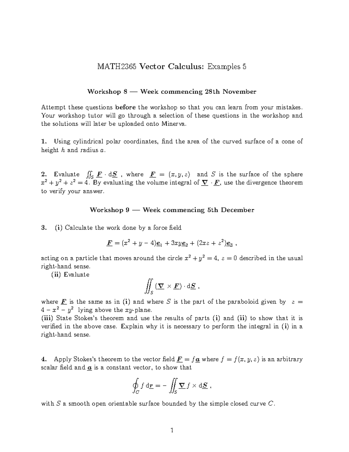 MATH2365 - Vector Calculus Workshop Examples 5 and Assessment Problems ...