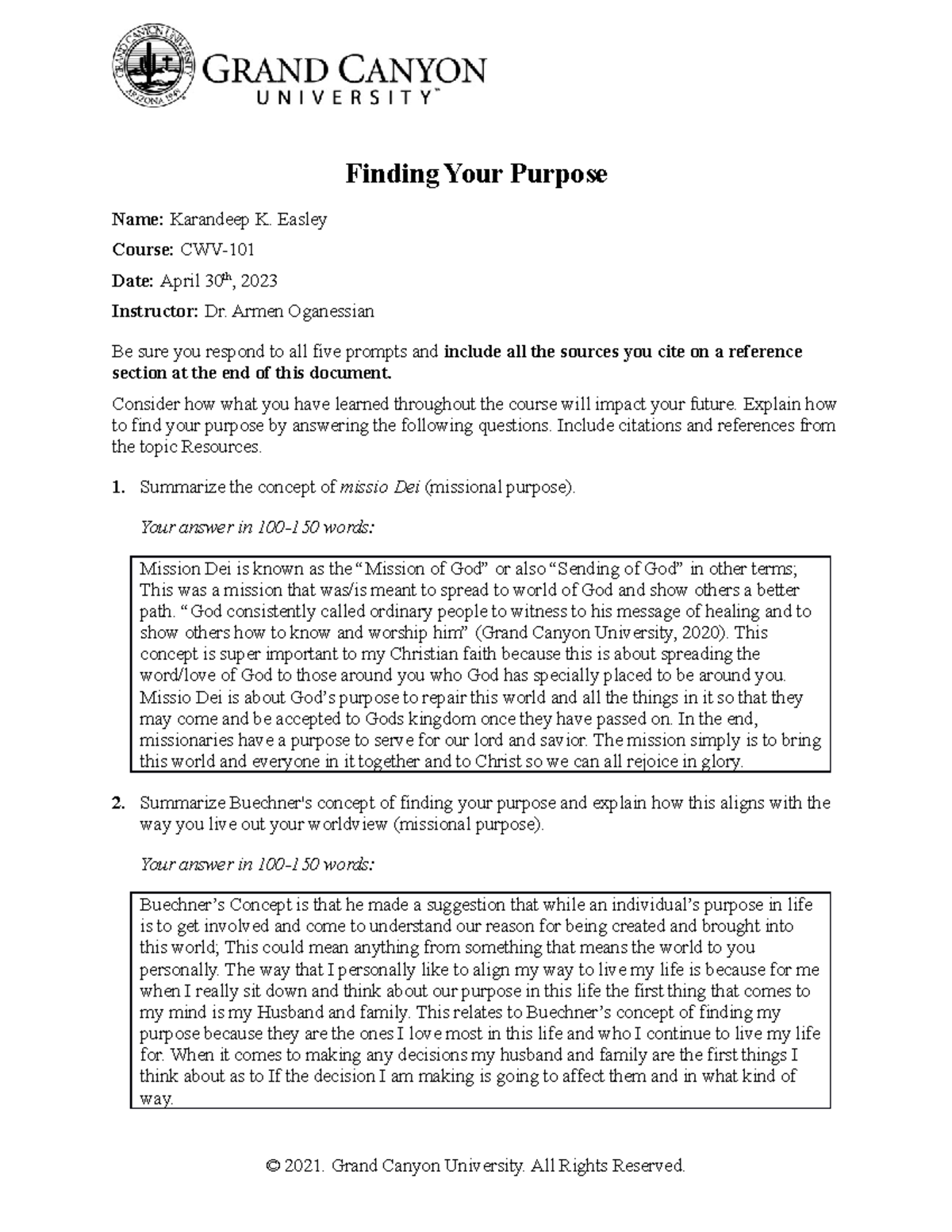 Finding your Purpose Worksheet WK 7 - Finding Your Purpose Name ...