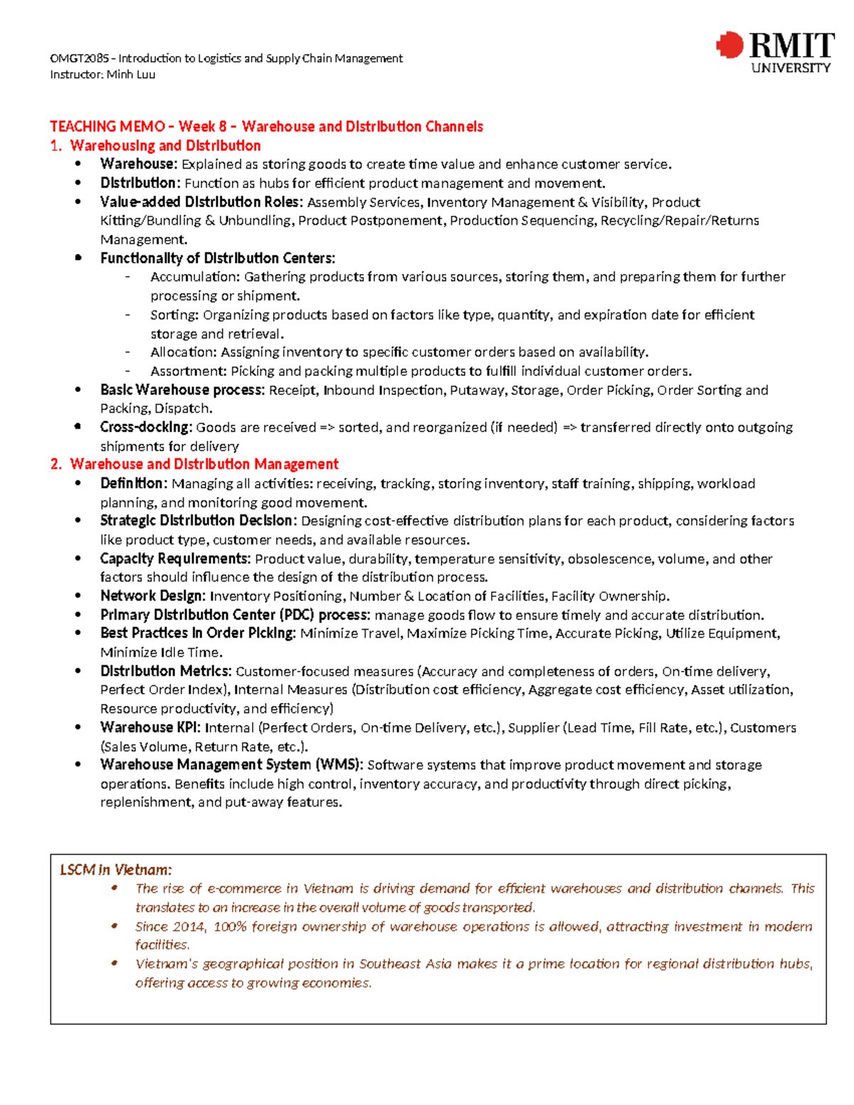 Week 08 - Teaching memo - Warehouse and Distribution Channels ...
