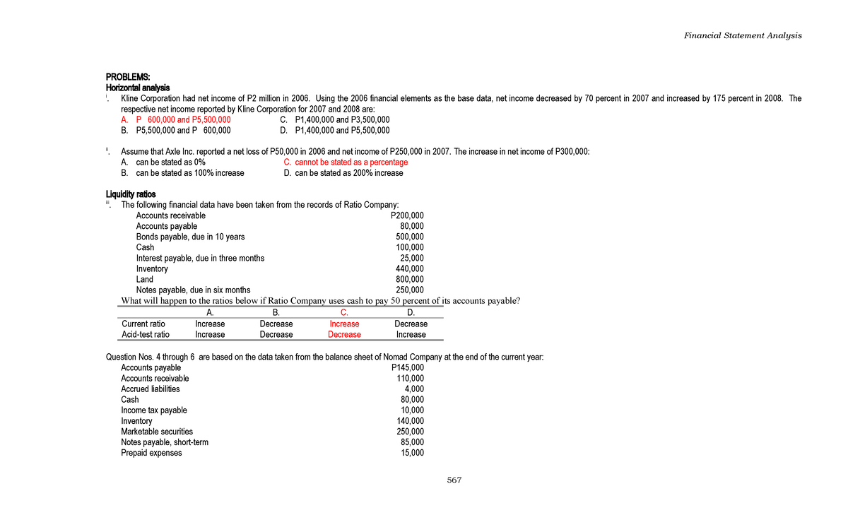 Financial Statement Analysis Problems: Horizontal & Ratio Analysis ...