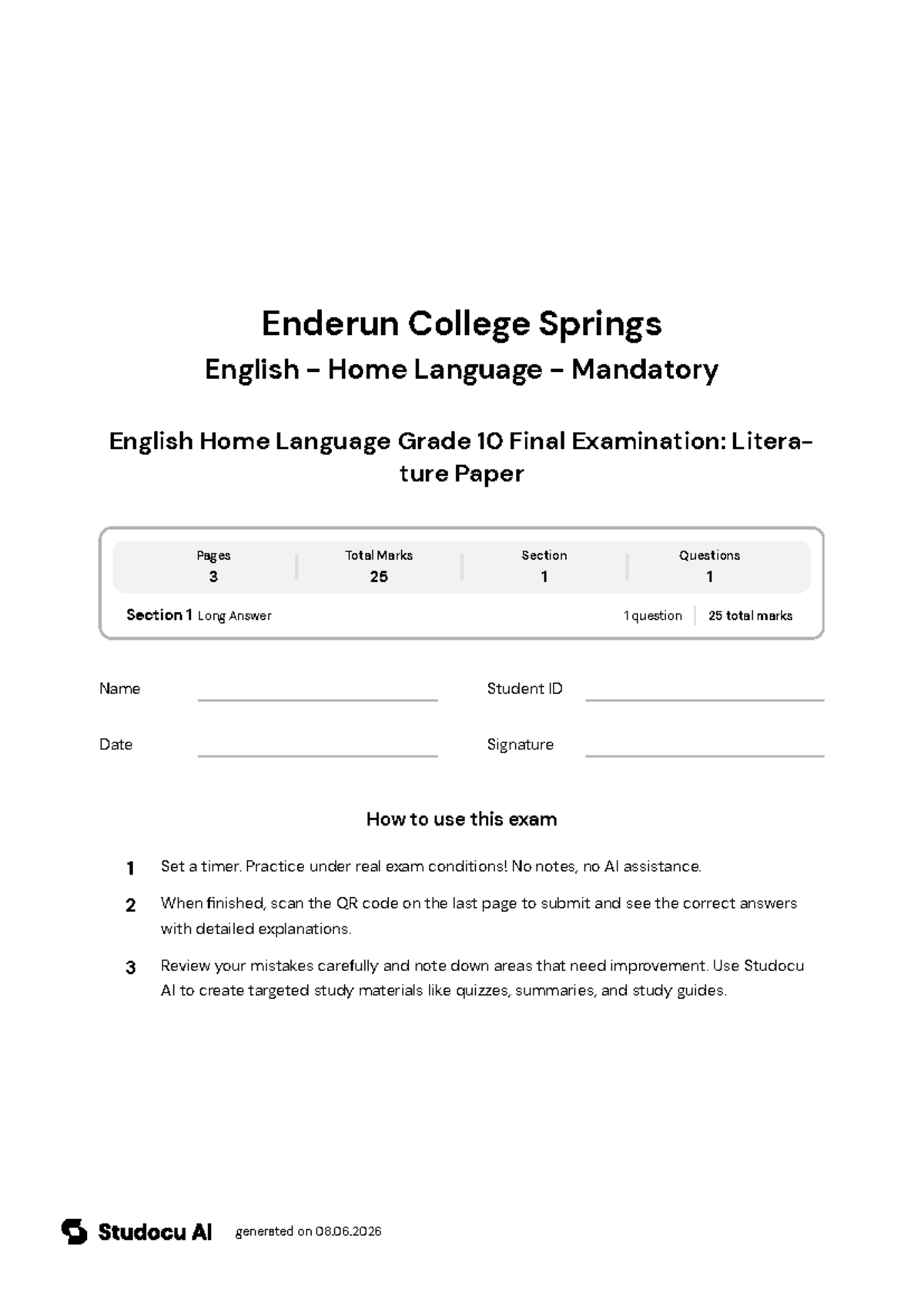 Grade 10 English Final Exam: Literature Paper - Studocu