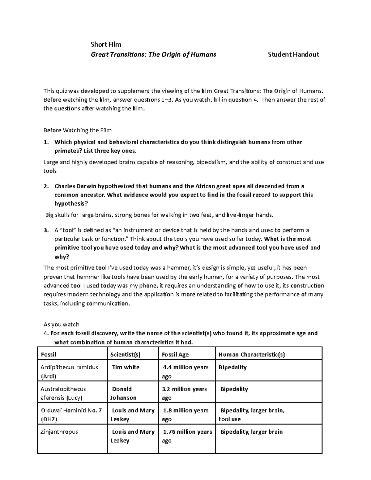 Great Transitions: The Origin of Humans Quiz Handout - Studocu