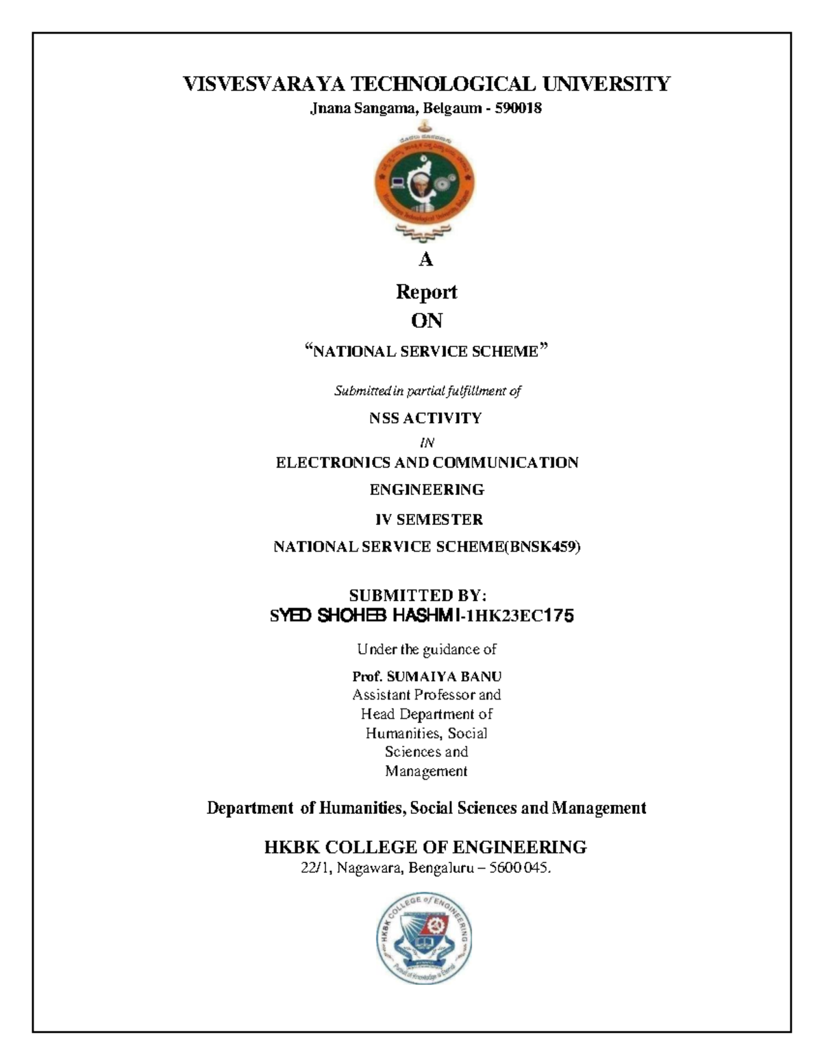 NSS Activity Report: Community Engagement in ECE IV Sem (BNSK459) - Studocu