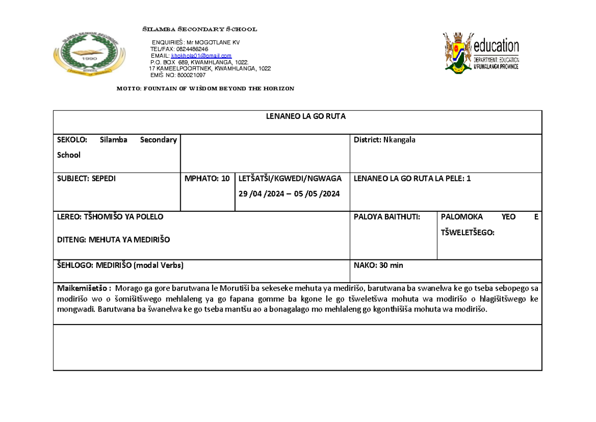 Sepedi Lesson PLAN Supervision - ENQUIRIEŠ: Mr MOGOTLANE KV TEL/FAX ...