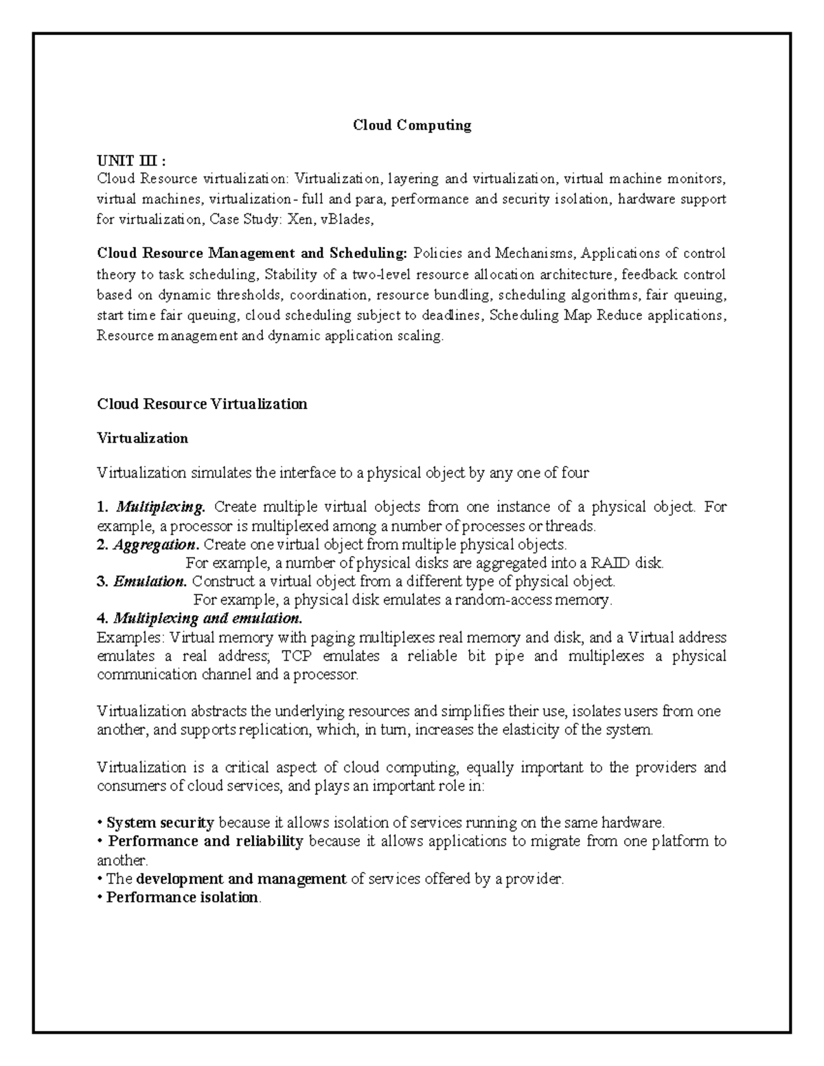 Cloud Computing Unit-3: Virtualization, Resource Management & Scheduling - Studocu