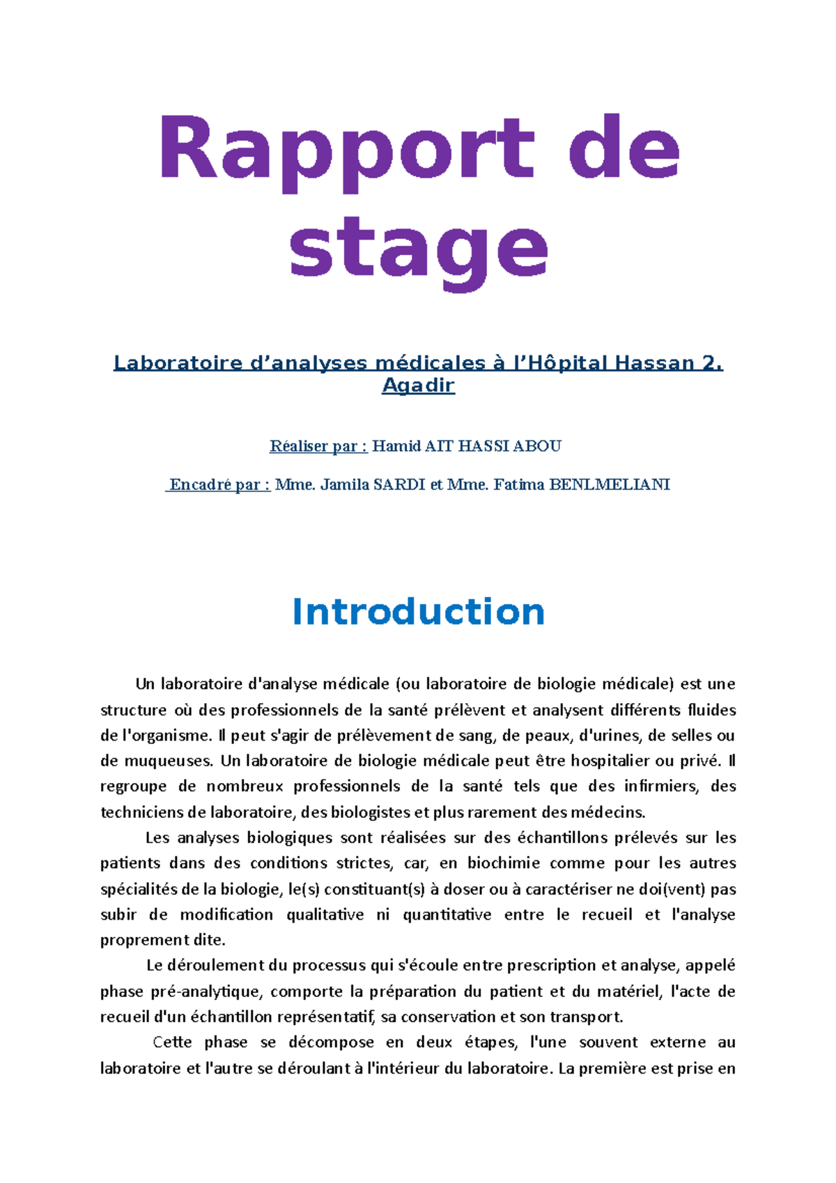 Rapport de Stage : Techniques de Biologie Médicale au Laboratoire - Studocu