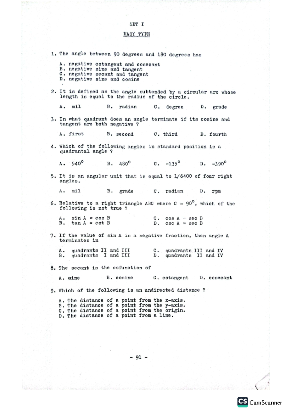 Trigo-Easy - Trigonometry easy level - SET I EASY TYPE 1. The angle ...