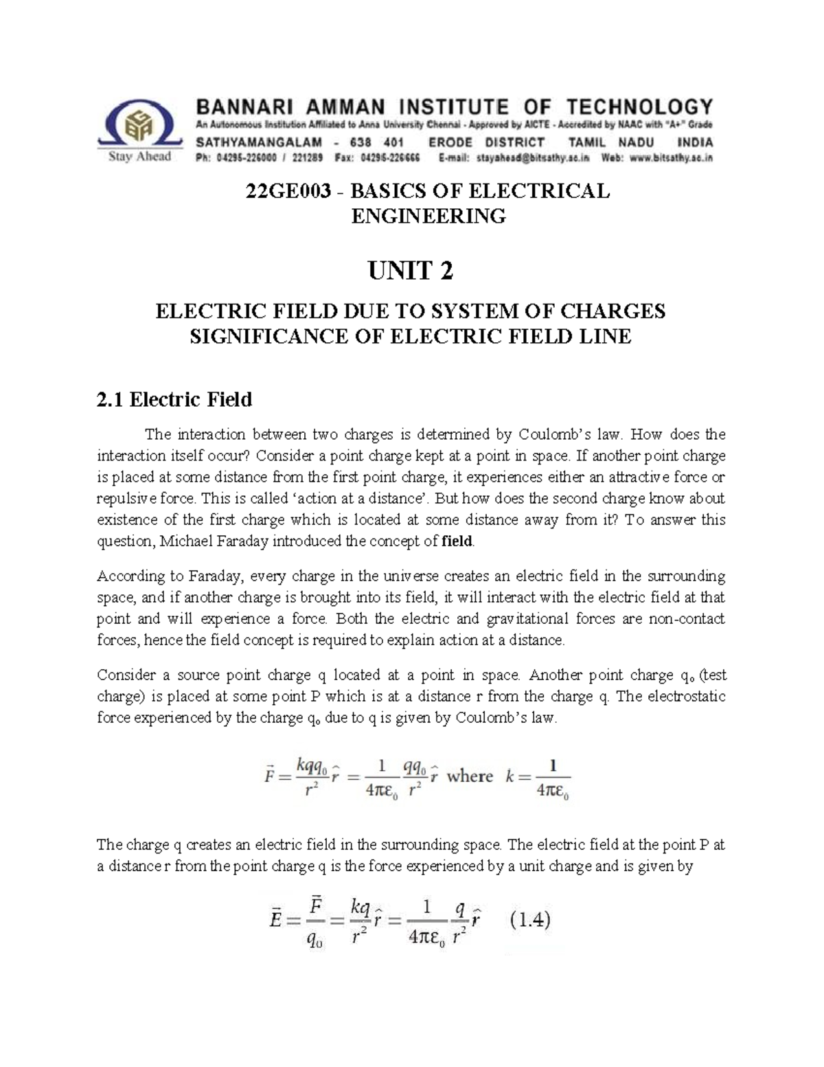 22GE003 BASICS OF ELECTRICAL ENGINEERING UNIT 2 ELECTRIC FIELD AND ...