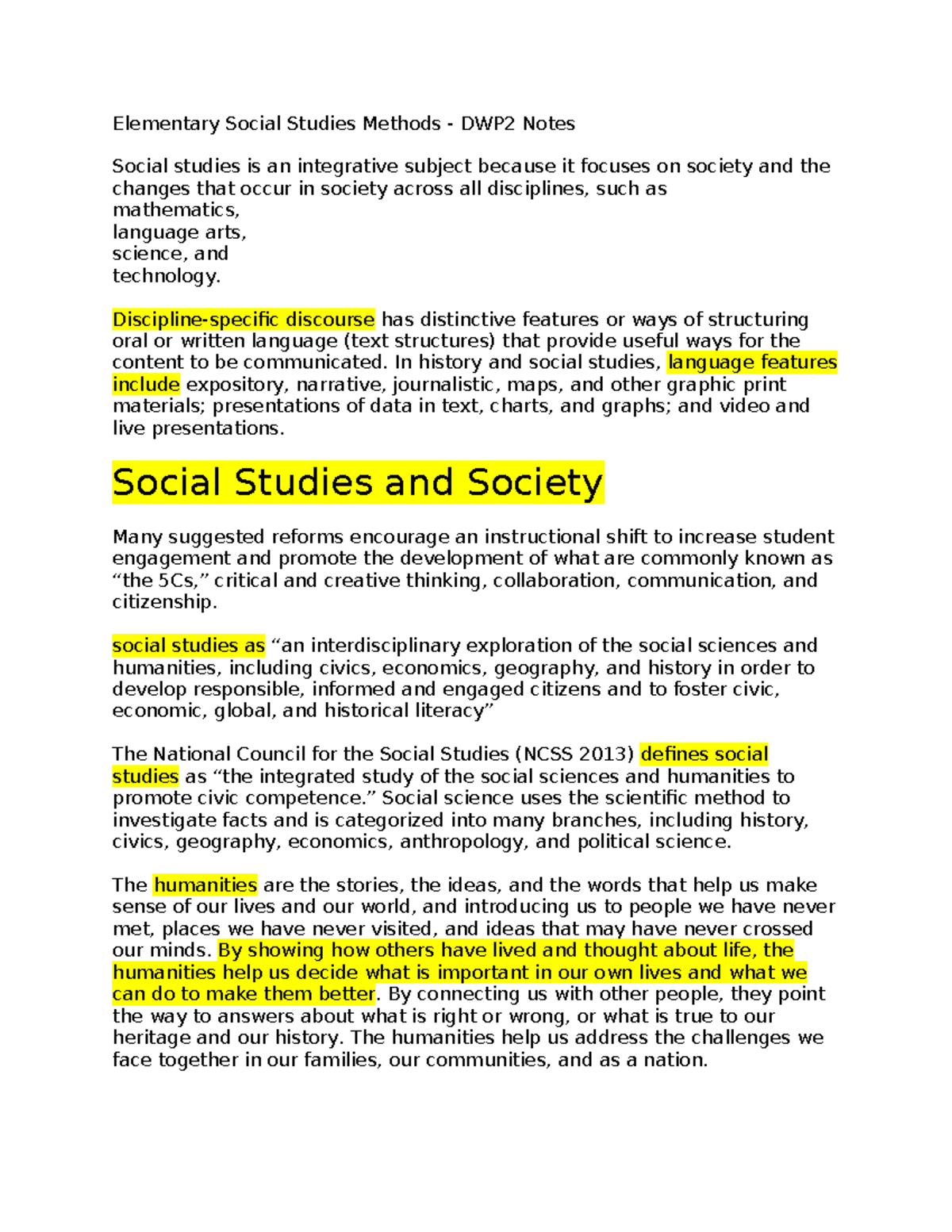 DWP2 Notes - Elementary Social Studies Methods - DWP2 Notes Social ...