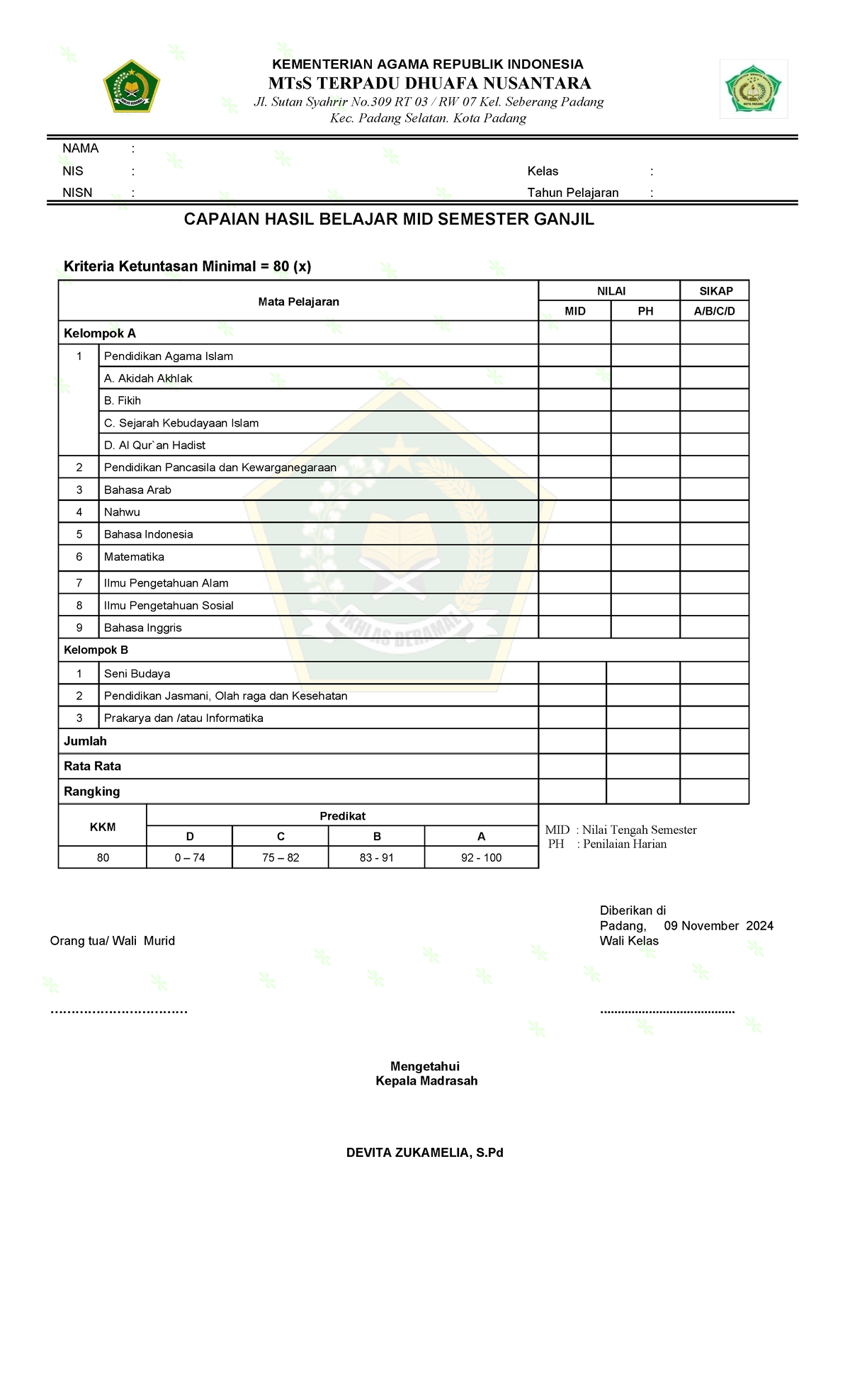 Rapor Hasil Belajar MID Semester Ganjil MTsS 2024 - Studocu