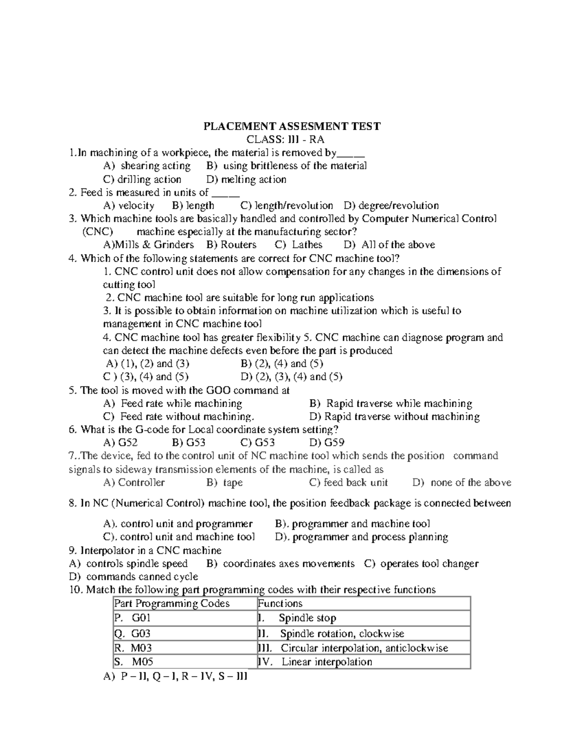 Placement Assessment Test Questions - RA Class - Studocu