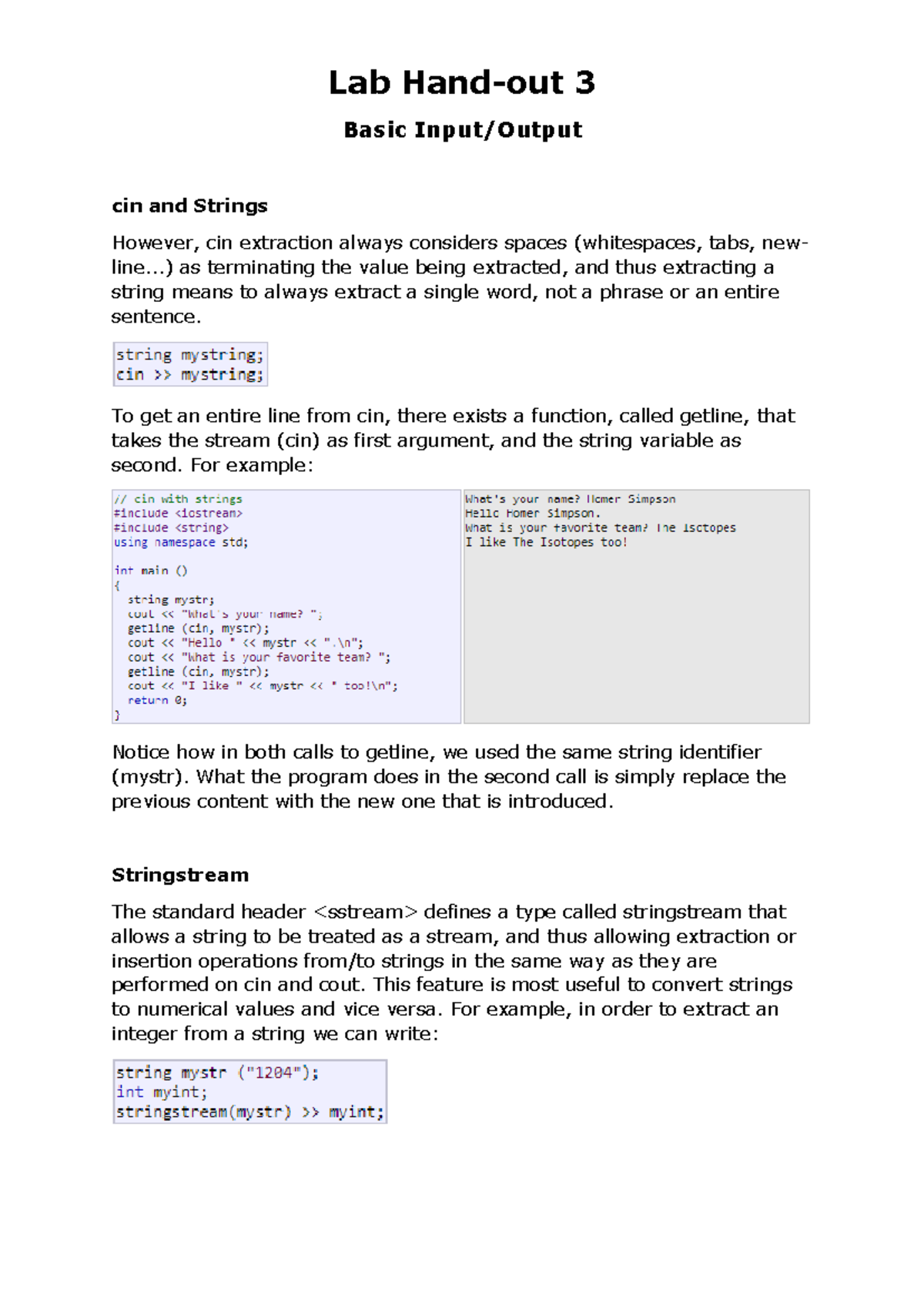 Lab 3: Understanding cin, getline, and Stringstream in C++ - Studocu