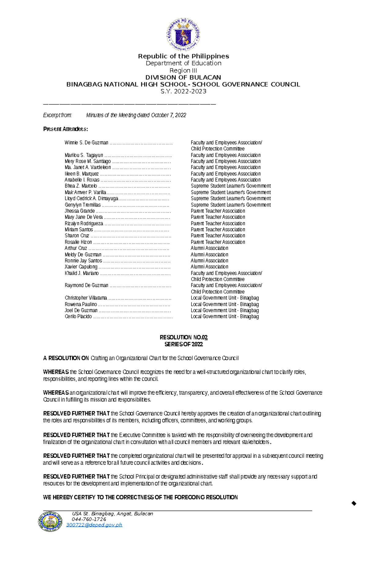 Resolution 02: Organizational Chart for School Governance Council - Studocu