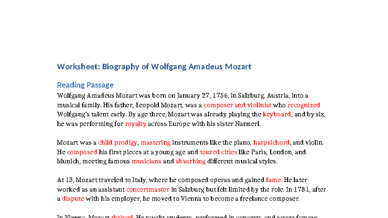 Worksheet: Biography of Wolfgang Amadeus Mozart - Studocu