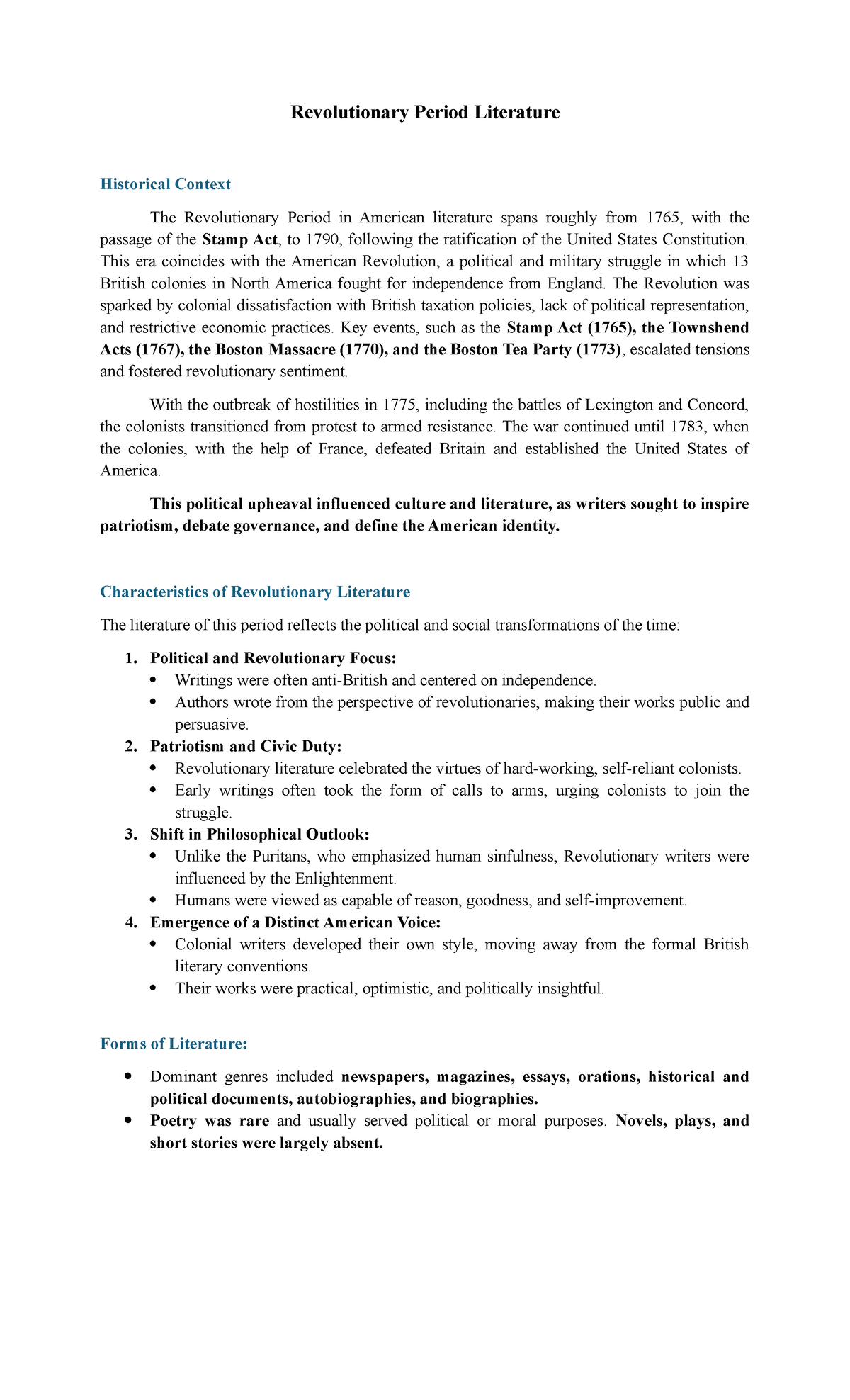 Revolutionary Period Literature Summary (ENG 101) - Studocu