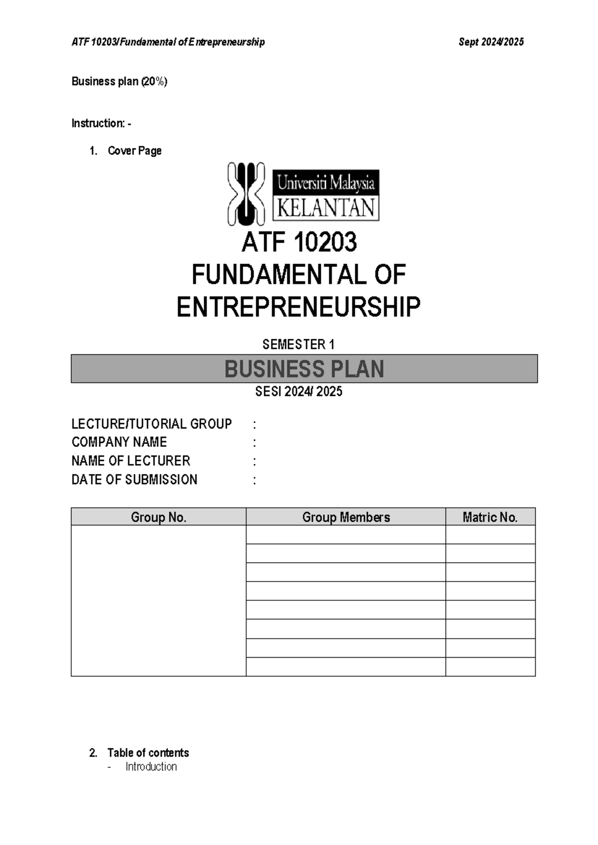 Guideline Business plan ATF10203 - Business plan (20%) Instruction: - 1 ...