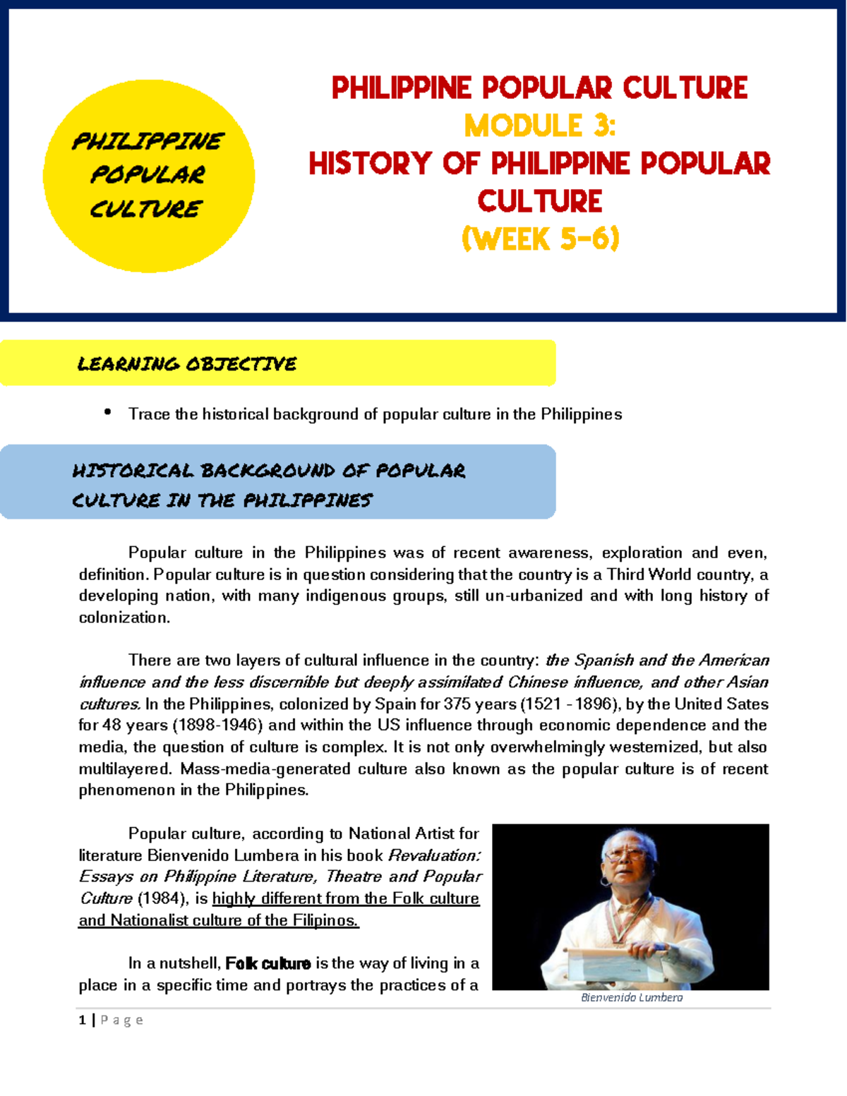 Module 3: Historical Overview of Philippine Popular Culture - Studocu