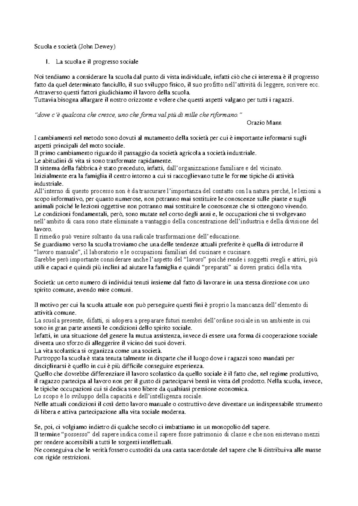 Riassunto del libro "Scuola e Società" di John Dewey - Studocu