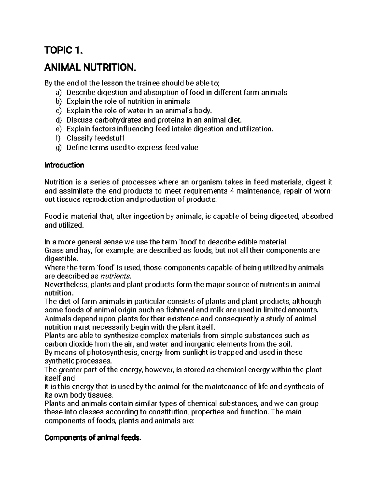 Animal Nutrition (Course Code: AN101) - Comprehensive Overview - Studocu