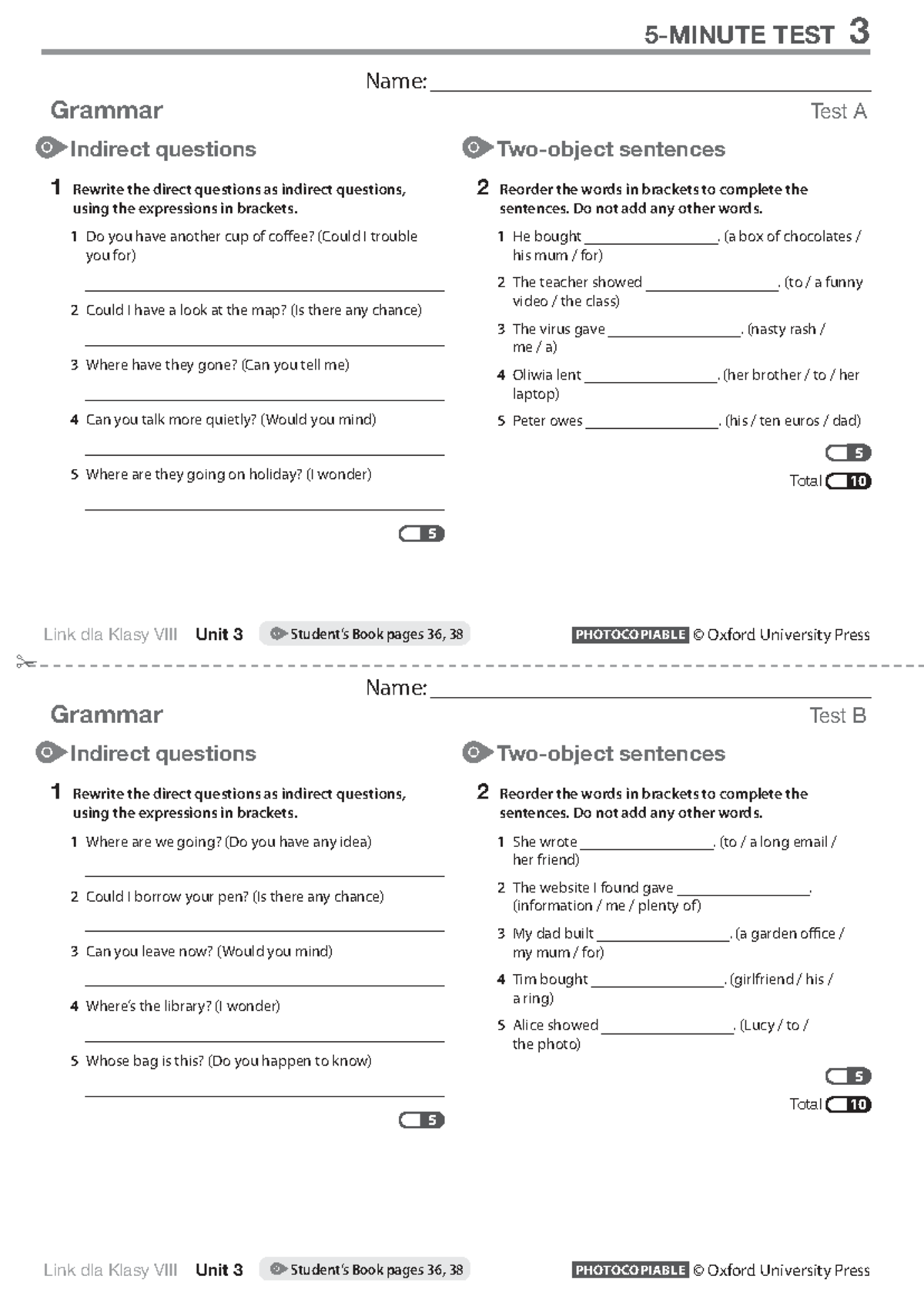 Link L8 U3 Grammar Test: Indirect Questions & Sentence Reordering - Studocu