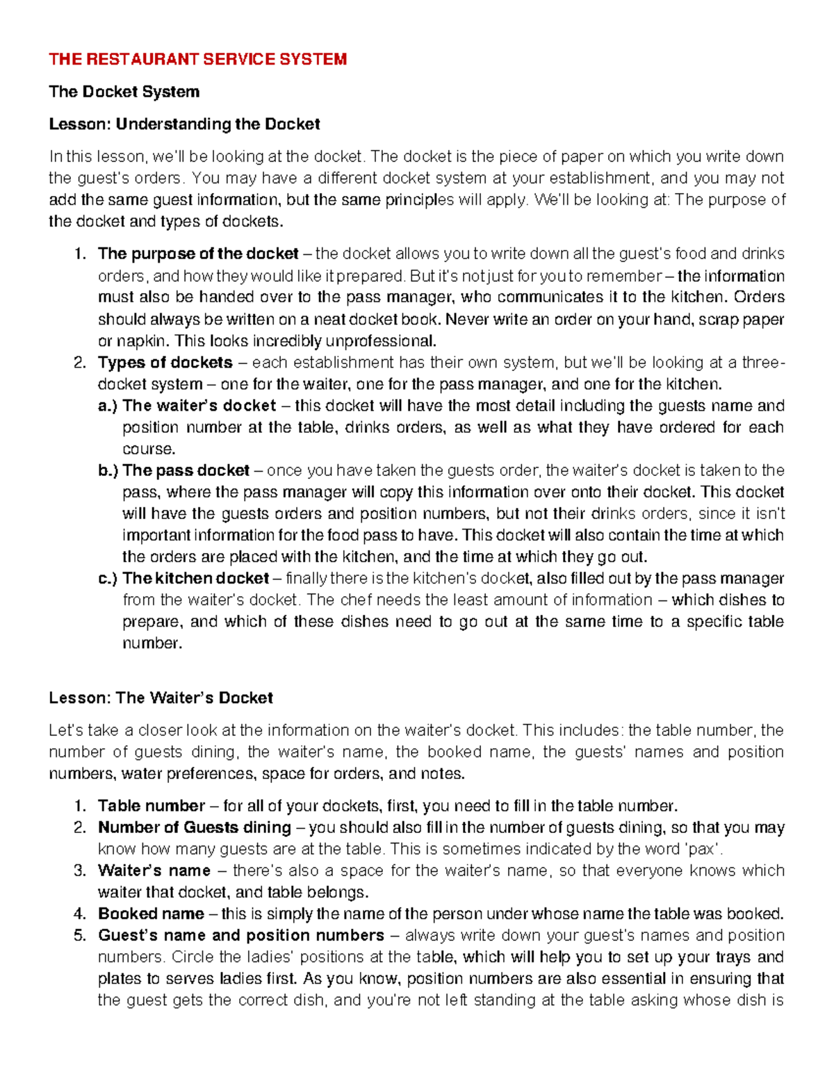 Understanding the Restaurant Service System: Lesson on Dockets - Studocu
