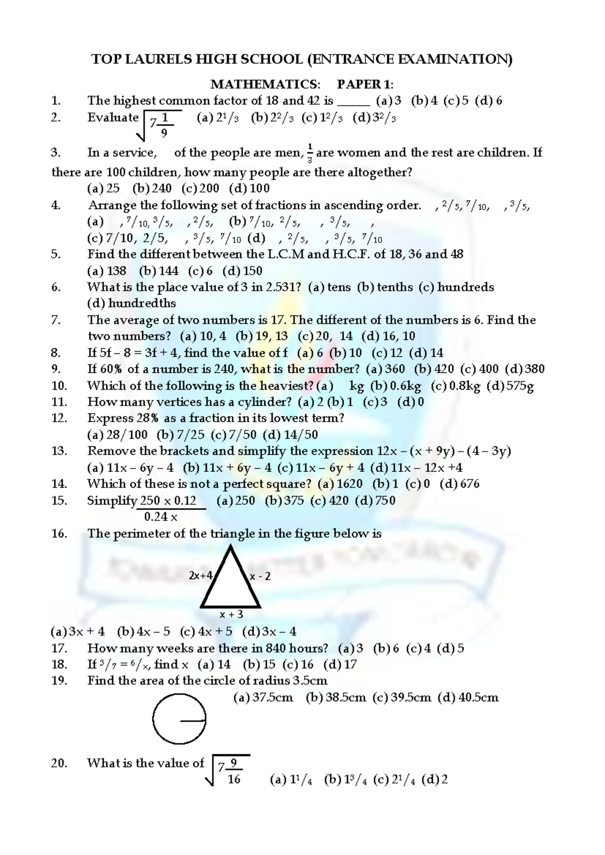 TOP LAURELS HIGH SCHOOL (ENTRANCE EXAM) MATHEMATICS PAST QUESTIONS ...
