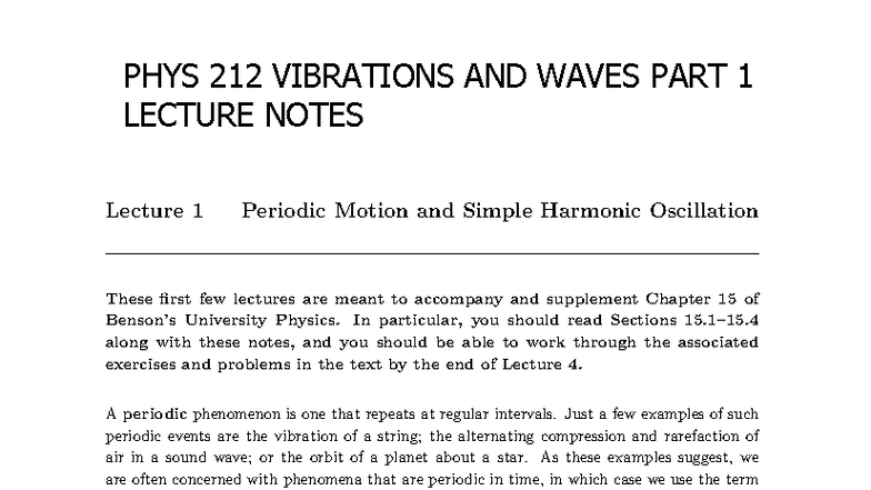 PHYS 212 VIBRATIONS AND WAVES LECTURE NOTES: PERIODIC MOTION & SHM ...