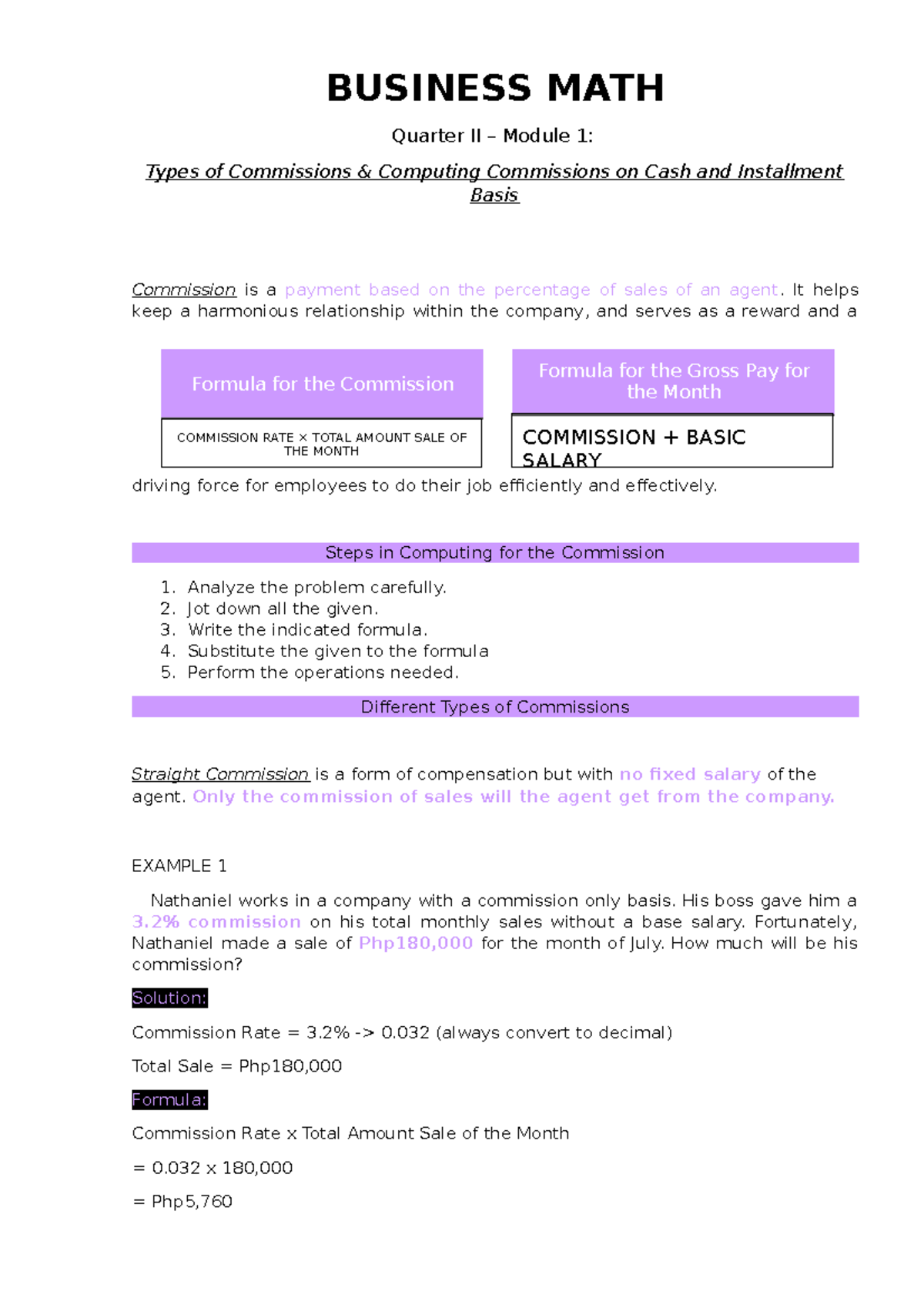 Business Math, Commissions - BUSINESS MATH Quarter II – Module 1: Types of Commissions & - Studocu
